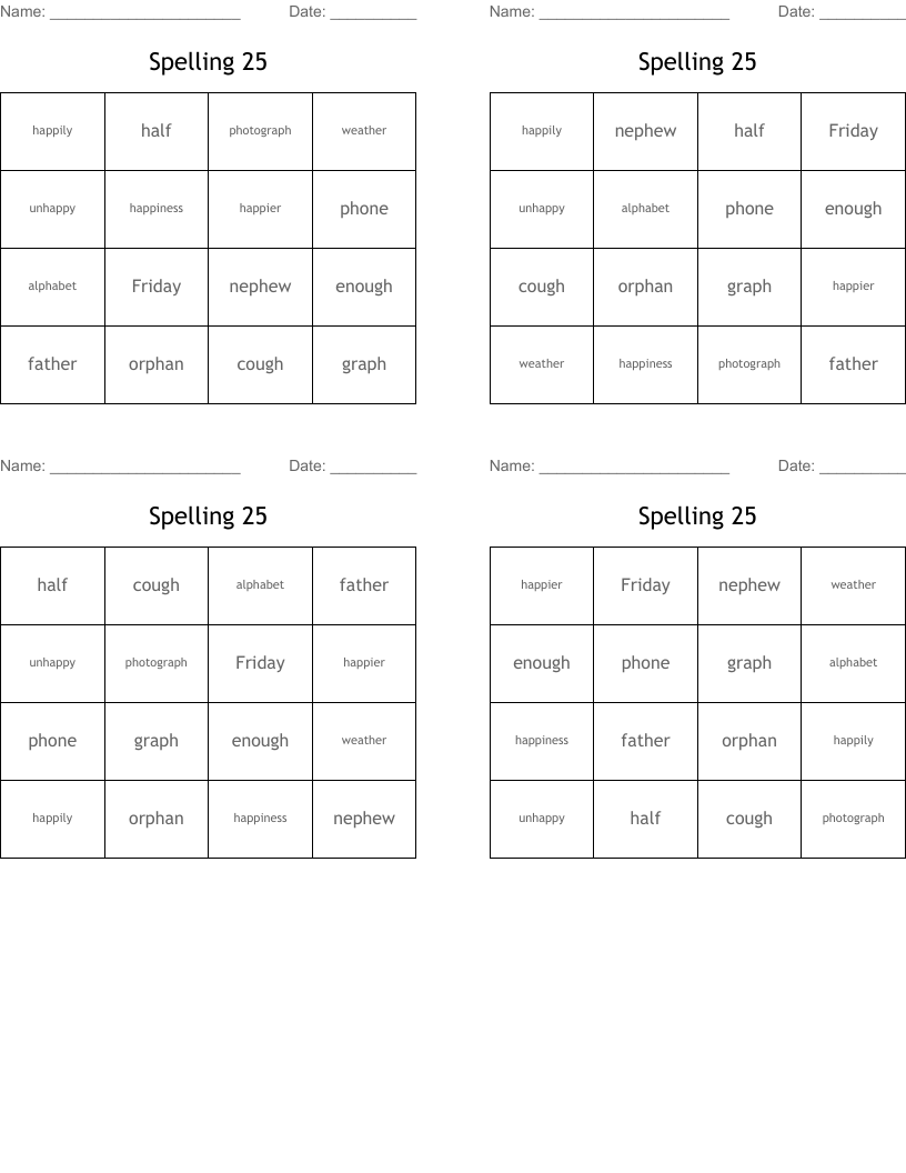 Spelling 25 Bingo Cards - WordMint