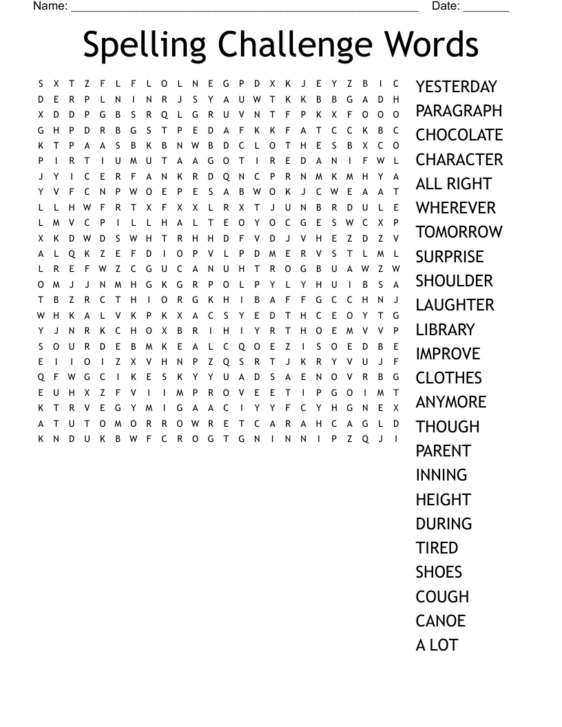 Spelling Challenge Words Word Search - WordMint
