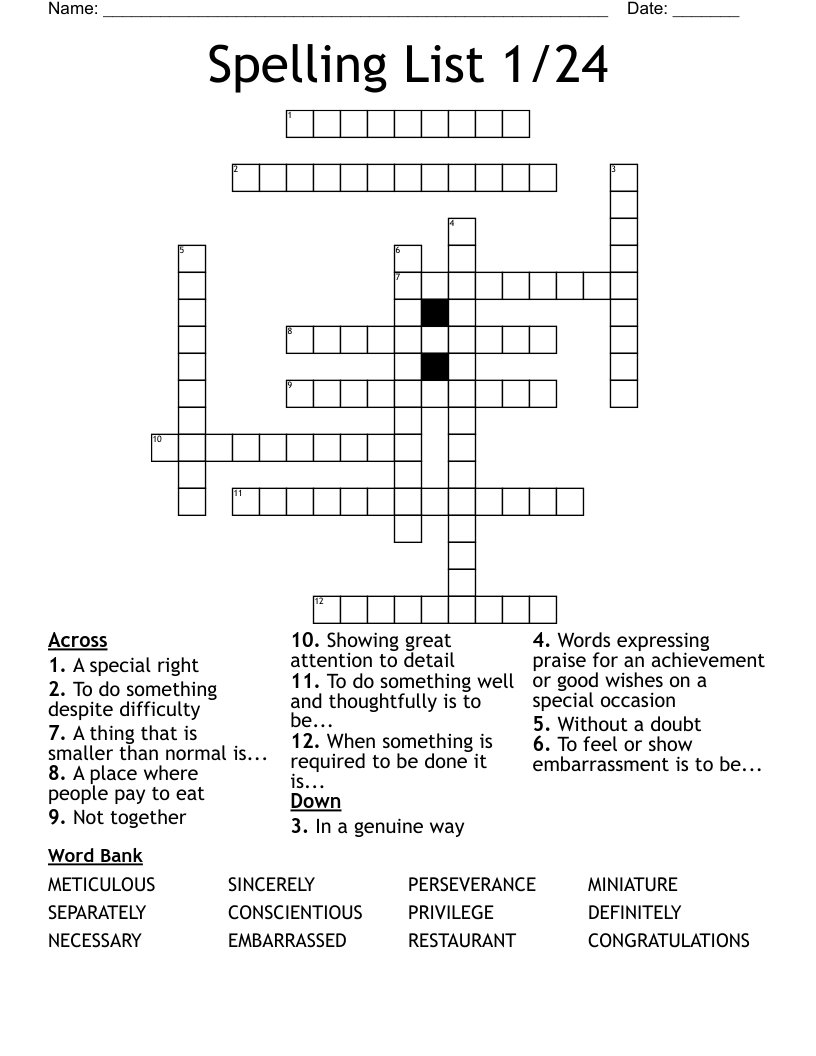 Spelling List 1/24 Crossword - WordMint