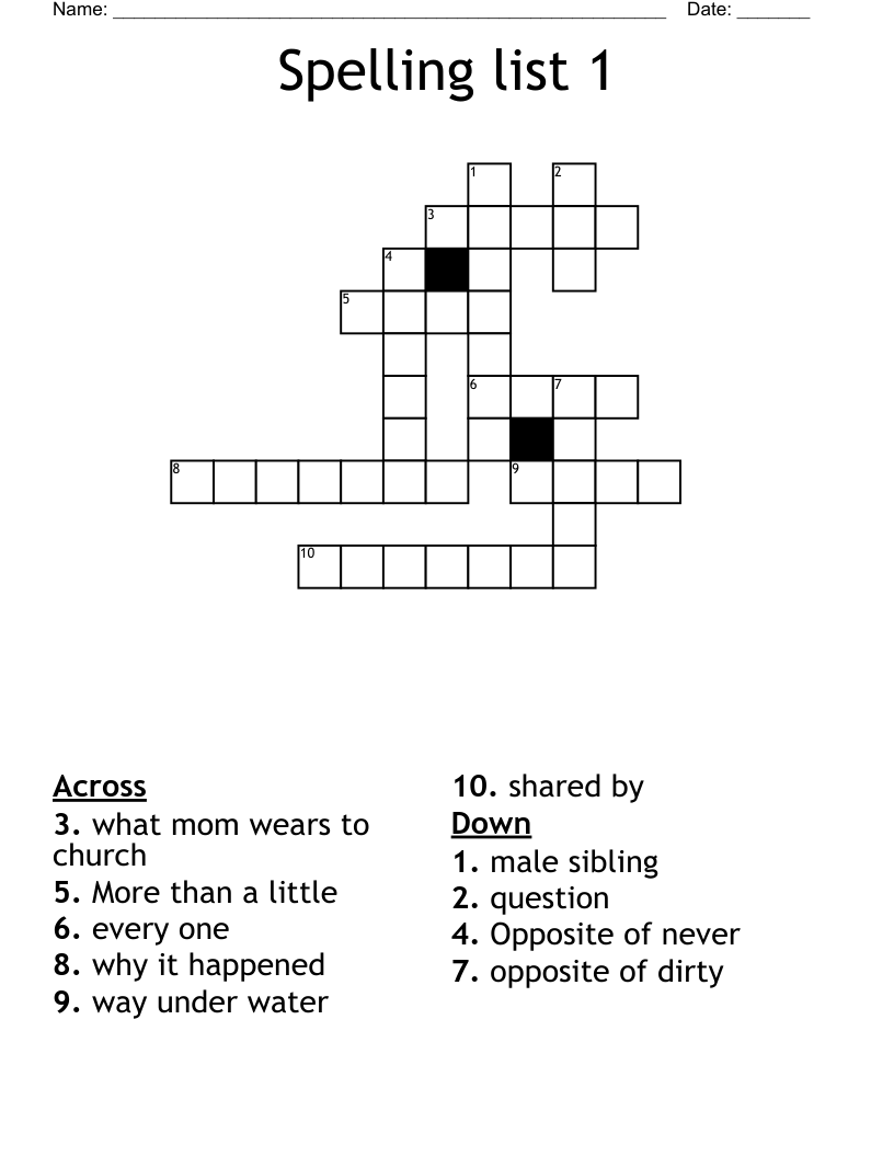 Spelling list 1 Crossword - WordMint