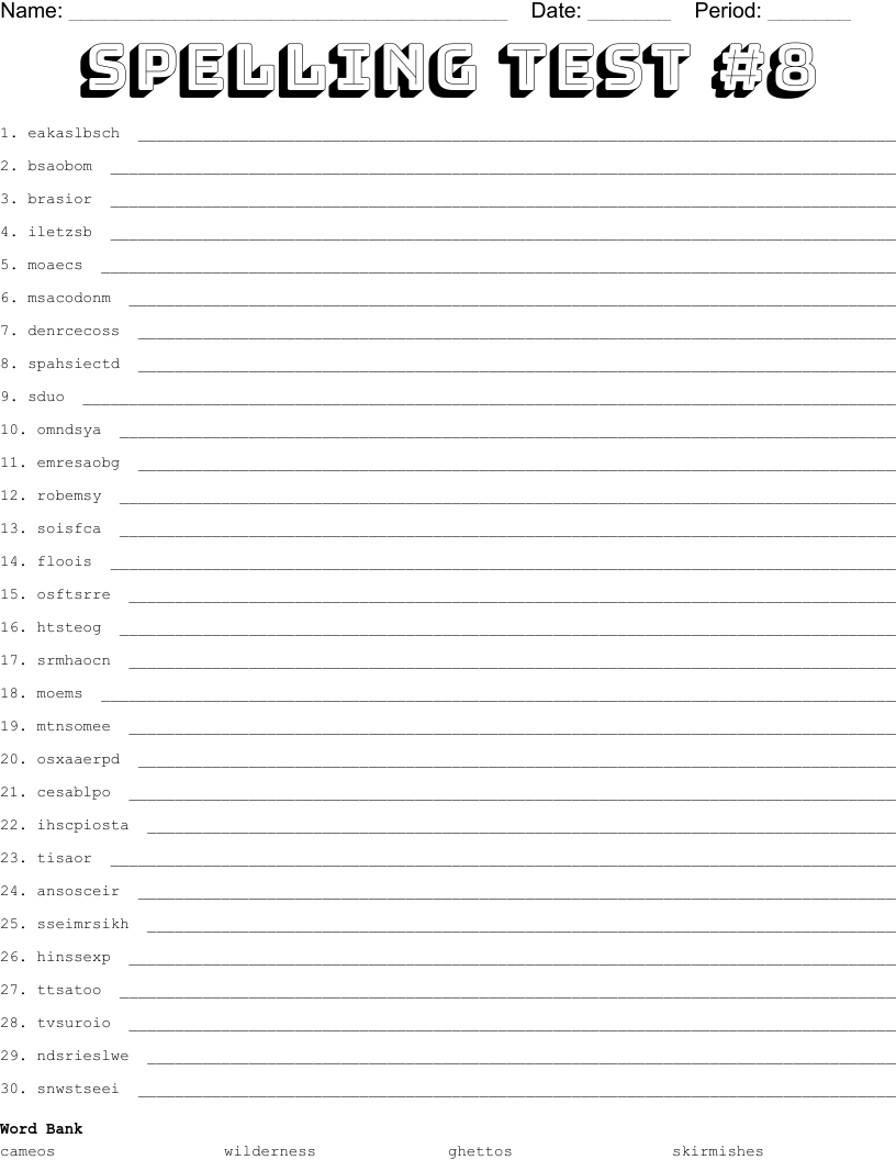 Spelling test #8 Word Scramble - WordMint