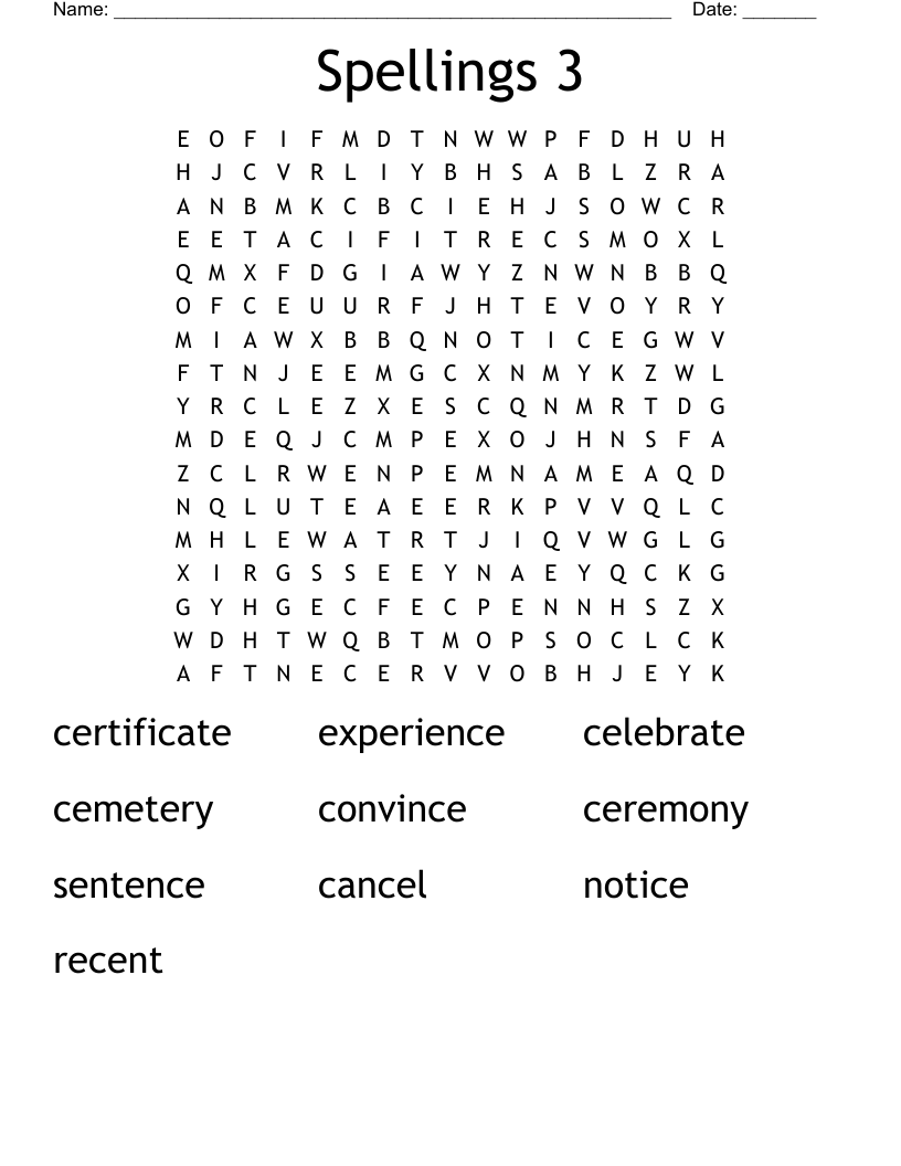Spellings 3 Word Search - WordMint