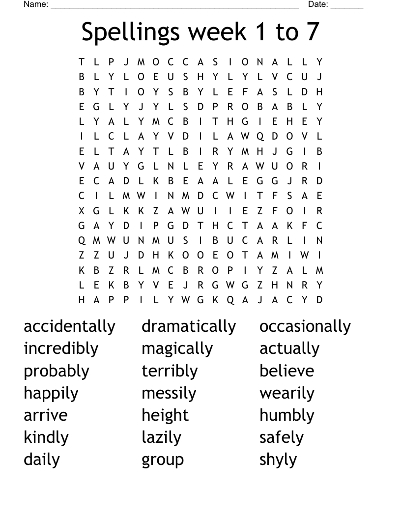 Spellings week 1 to 7 Word Search - WordMint
