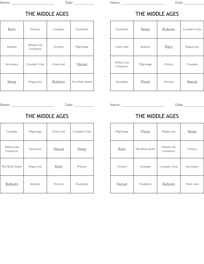 THE MIDDLE AGES Bingo Cards - WordMint