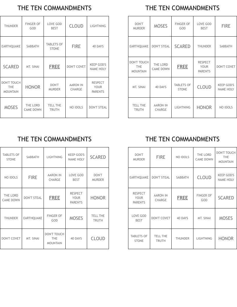 THE TEN COMMANDMENTS Bingo Cards - WordMint