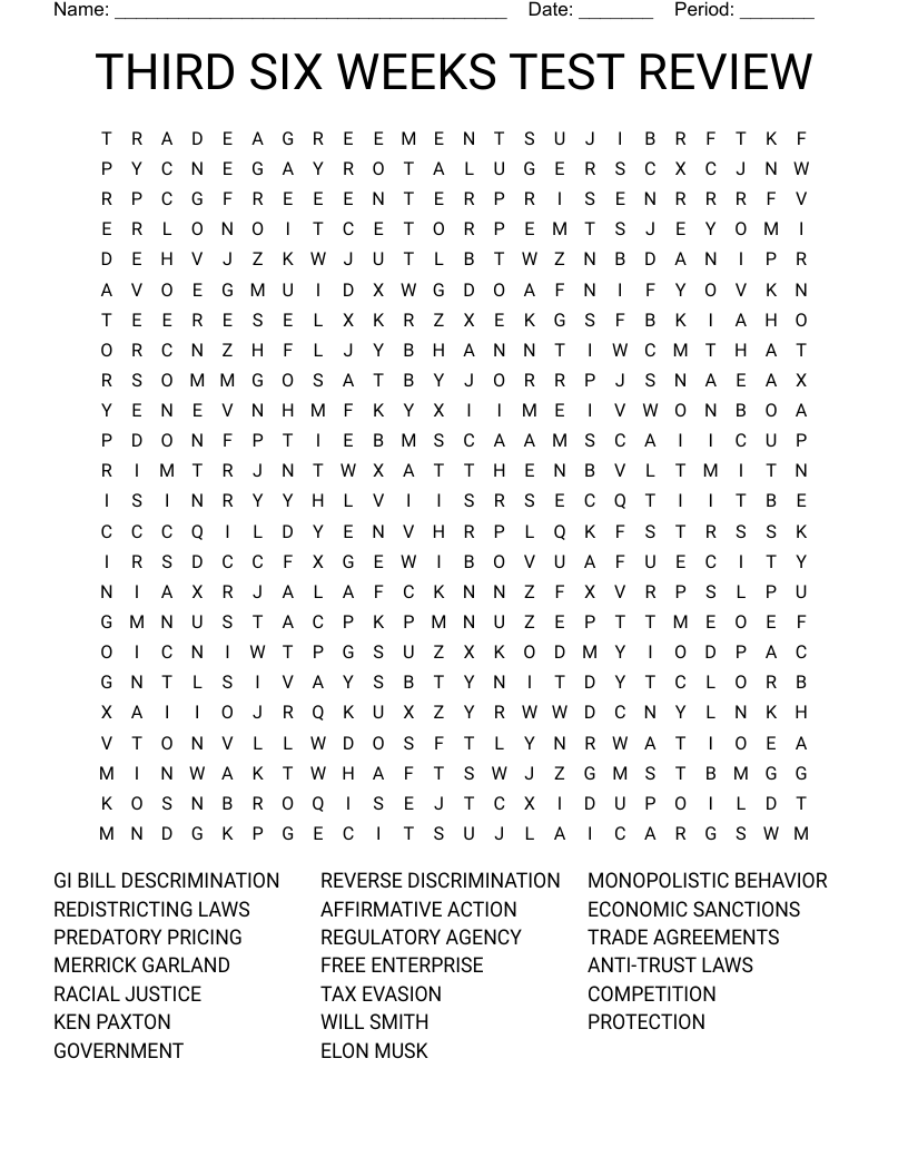 THIRD SIX WEEKS TEST REVIEW Word Search - WordMint