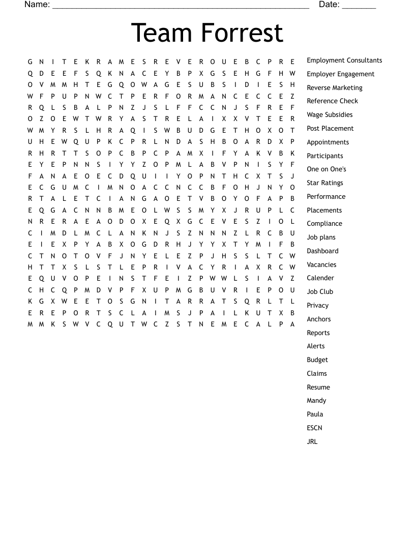 Team Forrest Word Search - WordMint