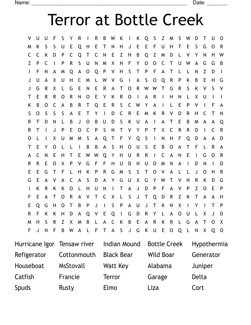 Terror at Bottle Creek Word Search - WordMint