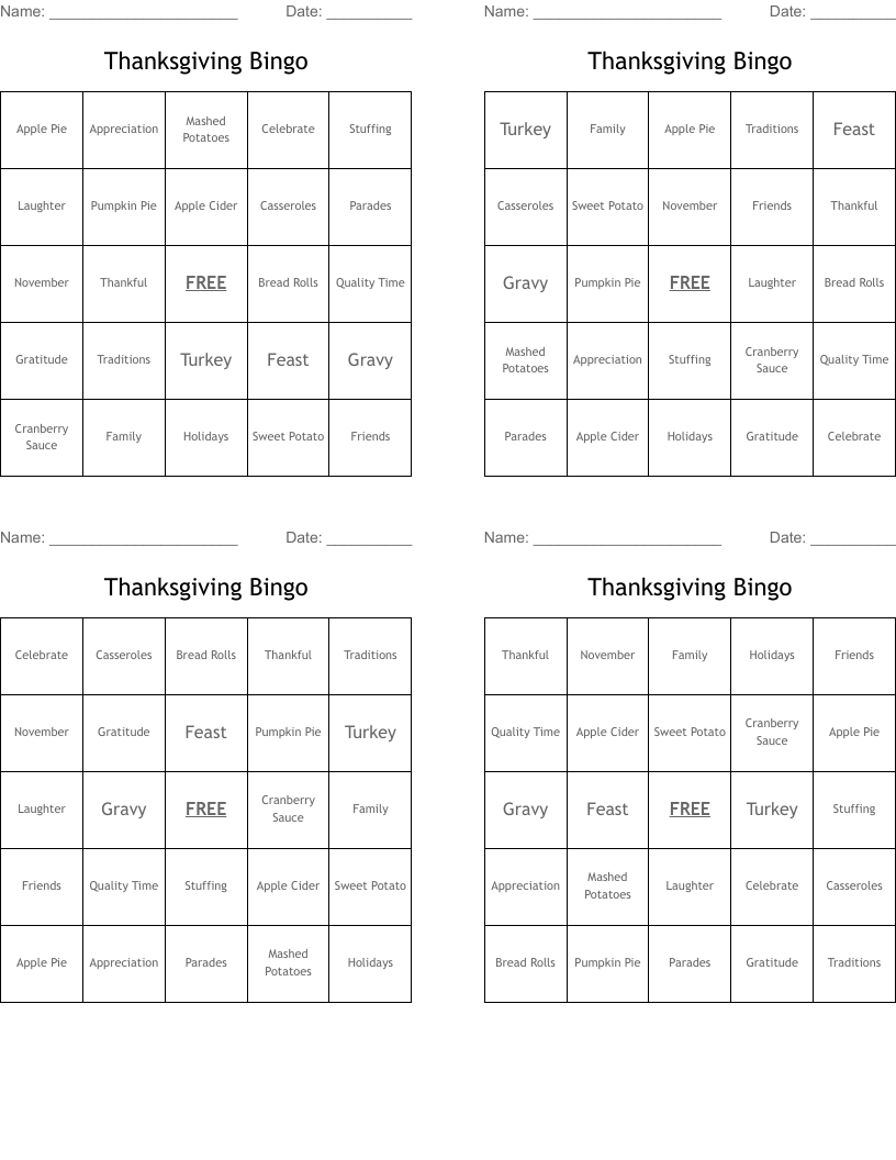 Thanksgiving Bingo - WordMint