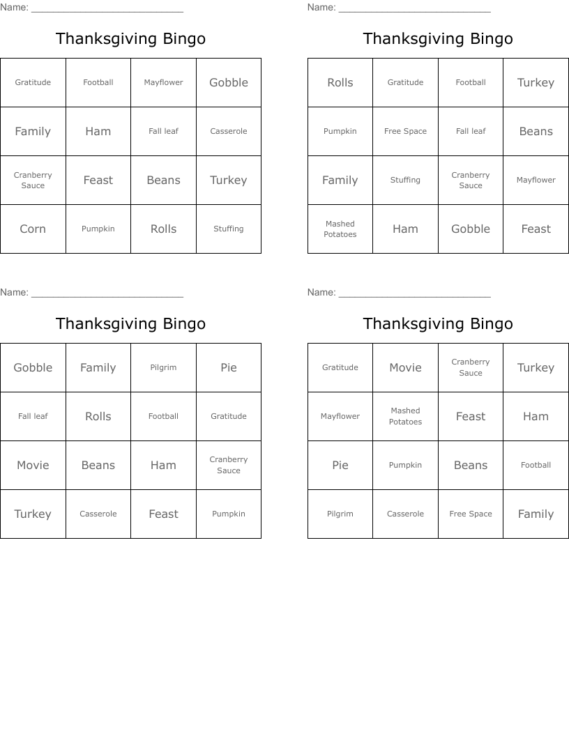 Thanksgiving Bingo - WordMint