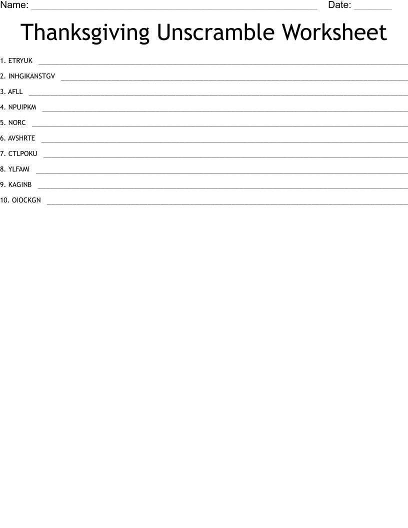 Thanksgiving Unscramble Worksheet - WordMint