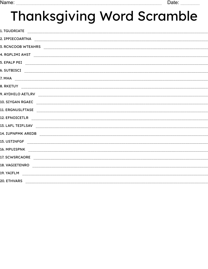 Thanksgiving Word Scramble - WordMint