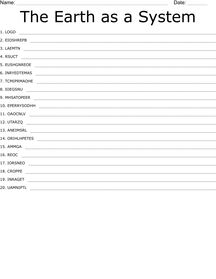 The Earth as a System Word Scramble - WordMint