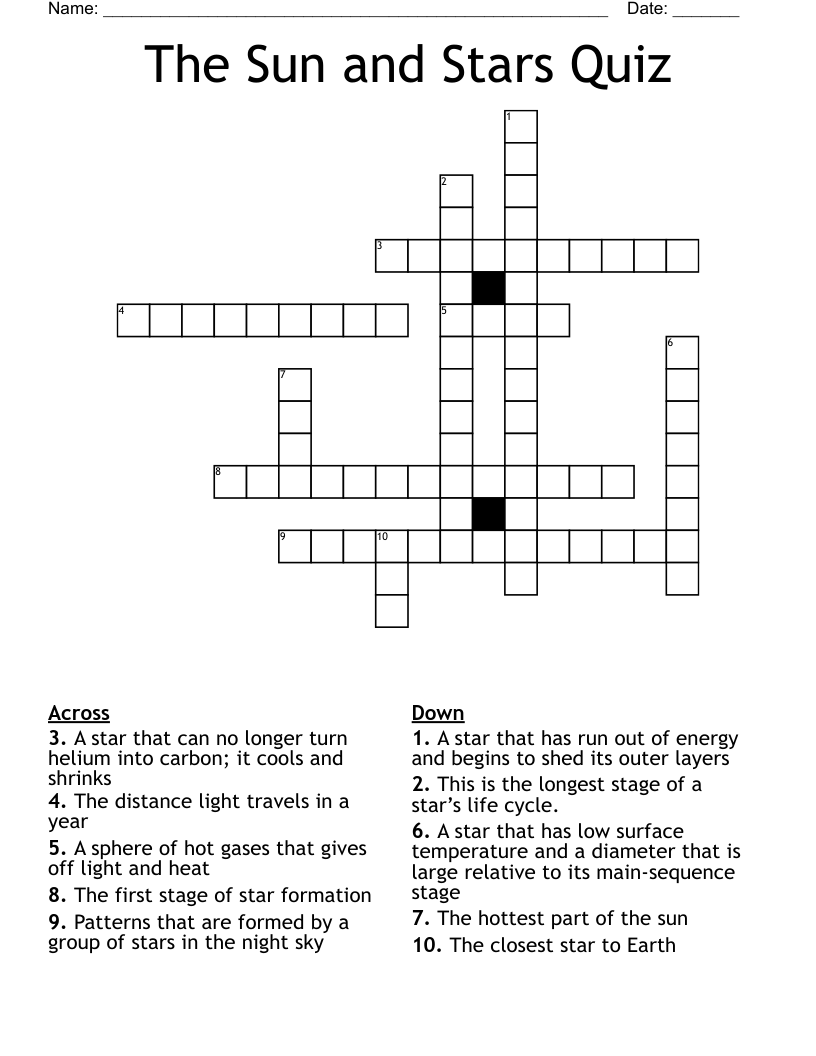 The Sun and Stars Quiz Crossword - WordMint