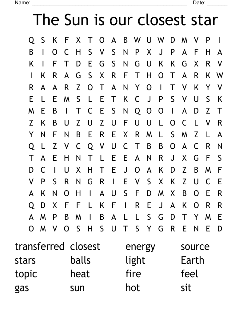 The Sun is our closest star Word Search - WordMint