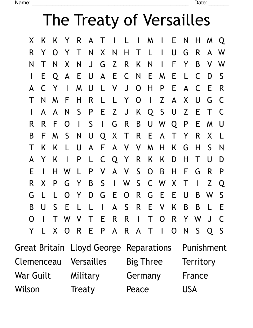 The Treaty of Versailles Word Search - WordMint