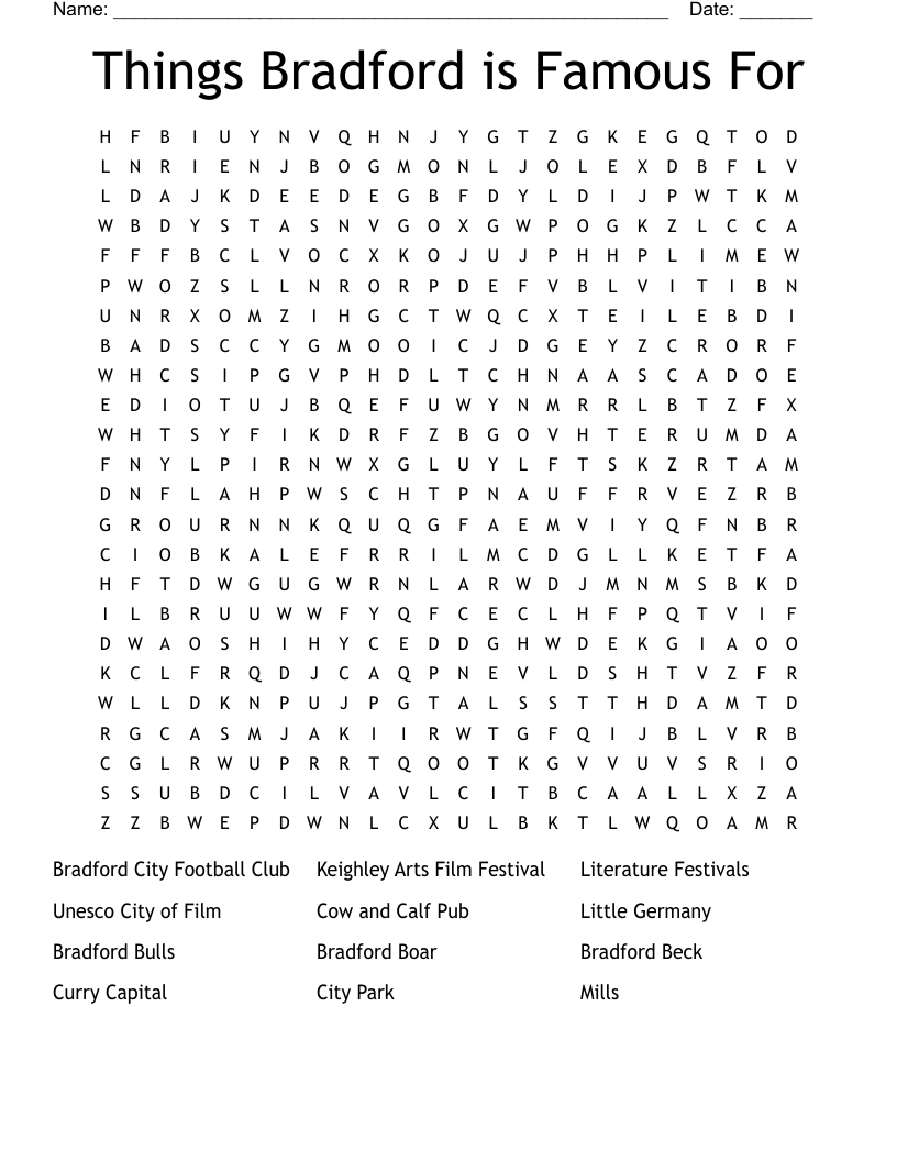 Things Bradford is Famous For Word Search - WordMint