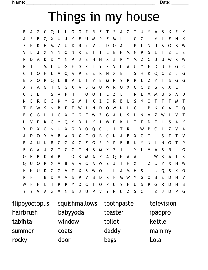 Things in my house Word Search - WordMint