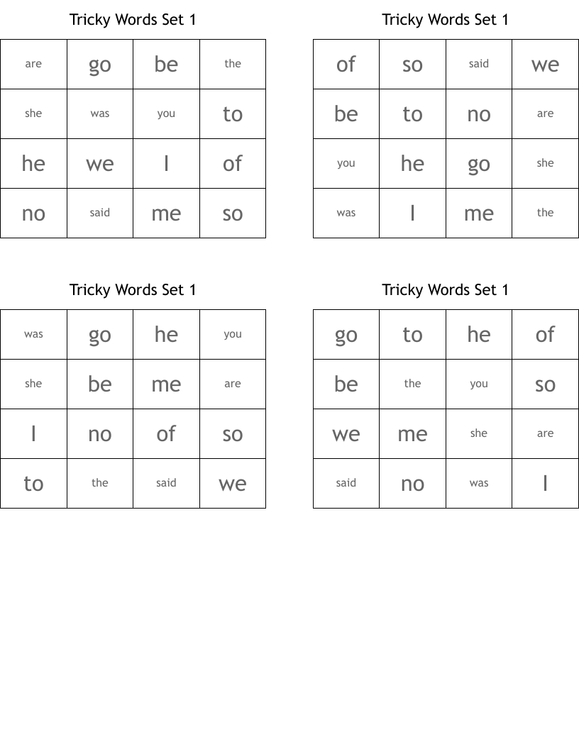 Tricky Words Set 1 Bingo Cards - WordMint