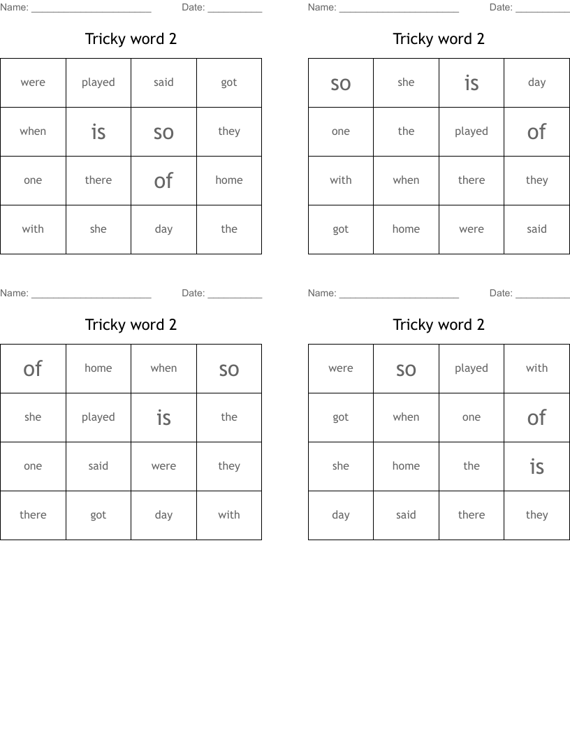 Tricky word 2 Bingo Cards - WordMint