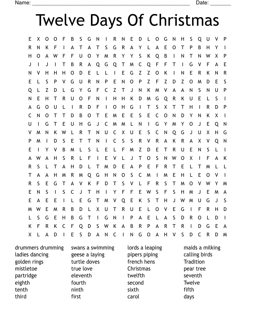Twelve Days Of Christmas Word Search WordMint