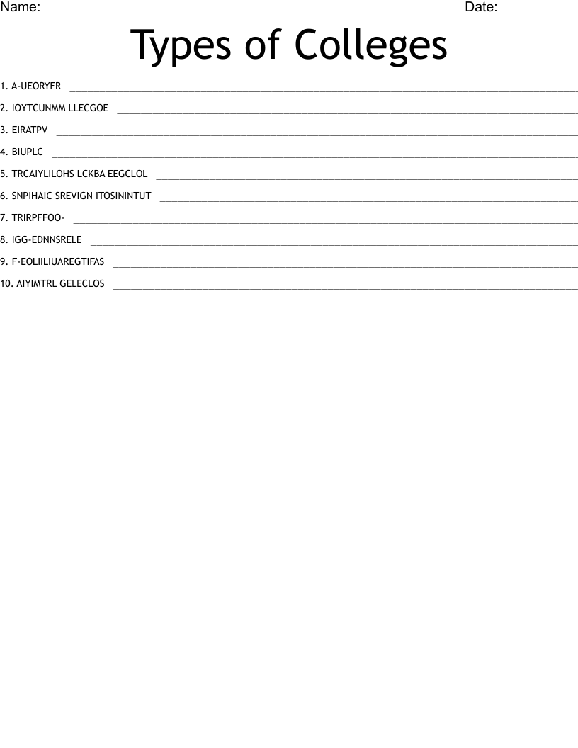 Types of Colleges Word Scramble - WordMint