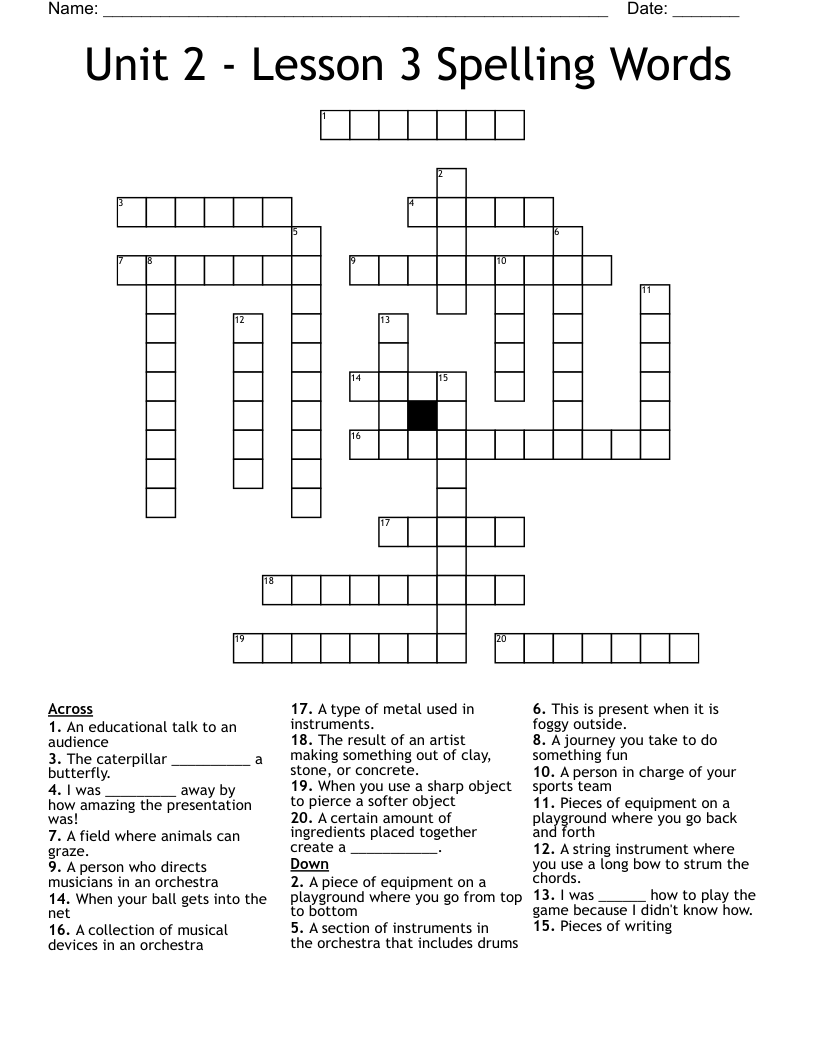 Unit 2 - Lesson 3 Spelling Words Crossword - WordMint