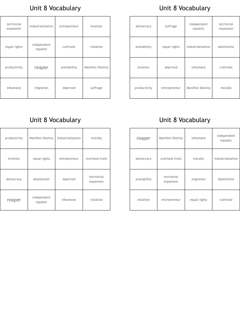 Unit 8 Vocabulary Bingo Cards - WordMint