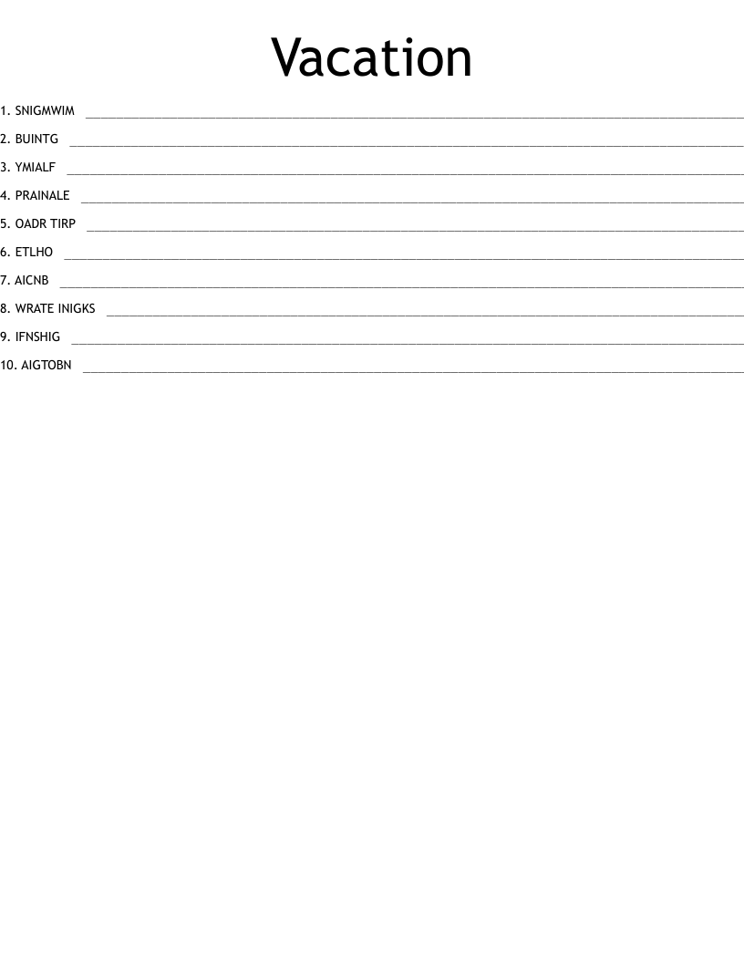 Vacation Word Scramble - WordMint
