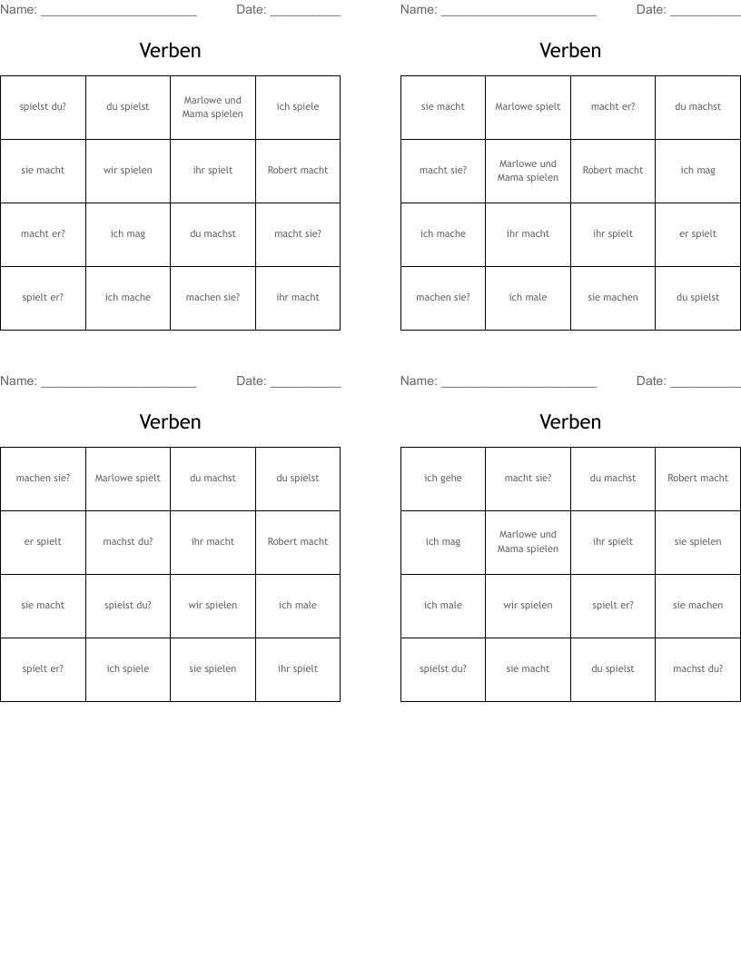 Verben Bingo Cards - WordMint