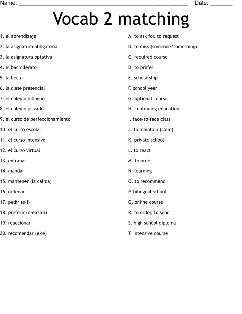Vocab 2 matching Worksheet - WordMint
