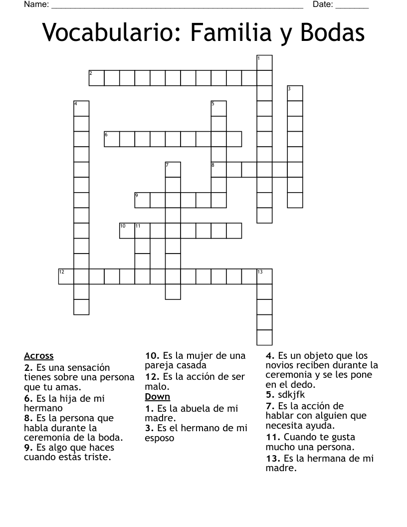 Vocabulario: Familia y Bodas Crossword - WordMint