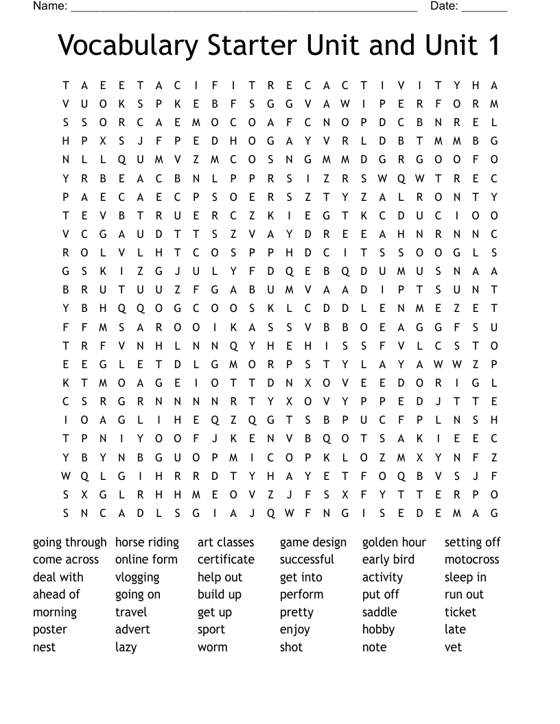 Vocabulary Starter Unit and Unit 1 Word Search - WordMint