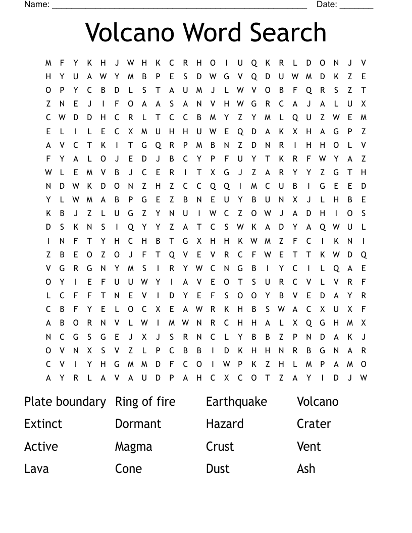 Volcano Word Search - WordMint