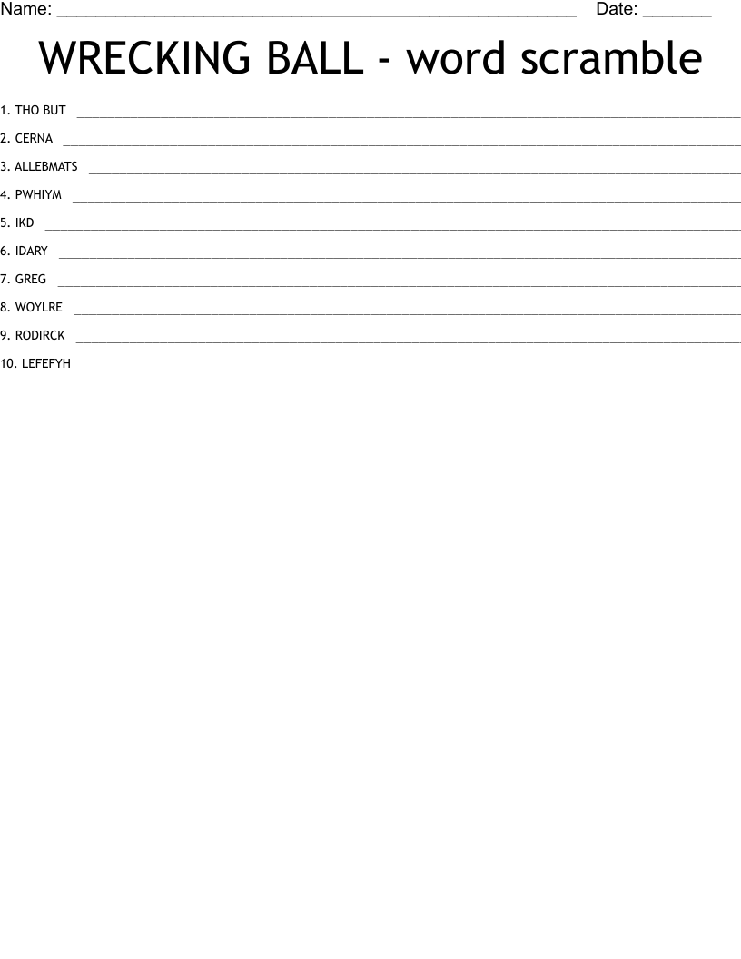 WRECKING BALL - word scramble - WordMint