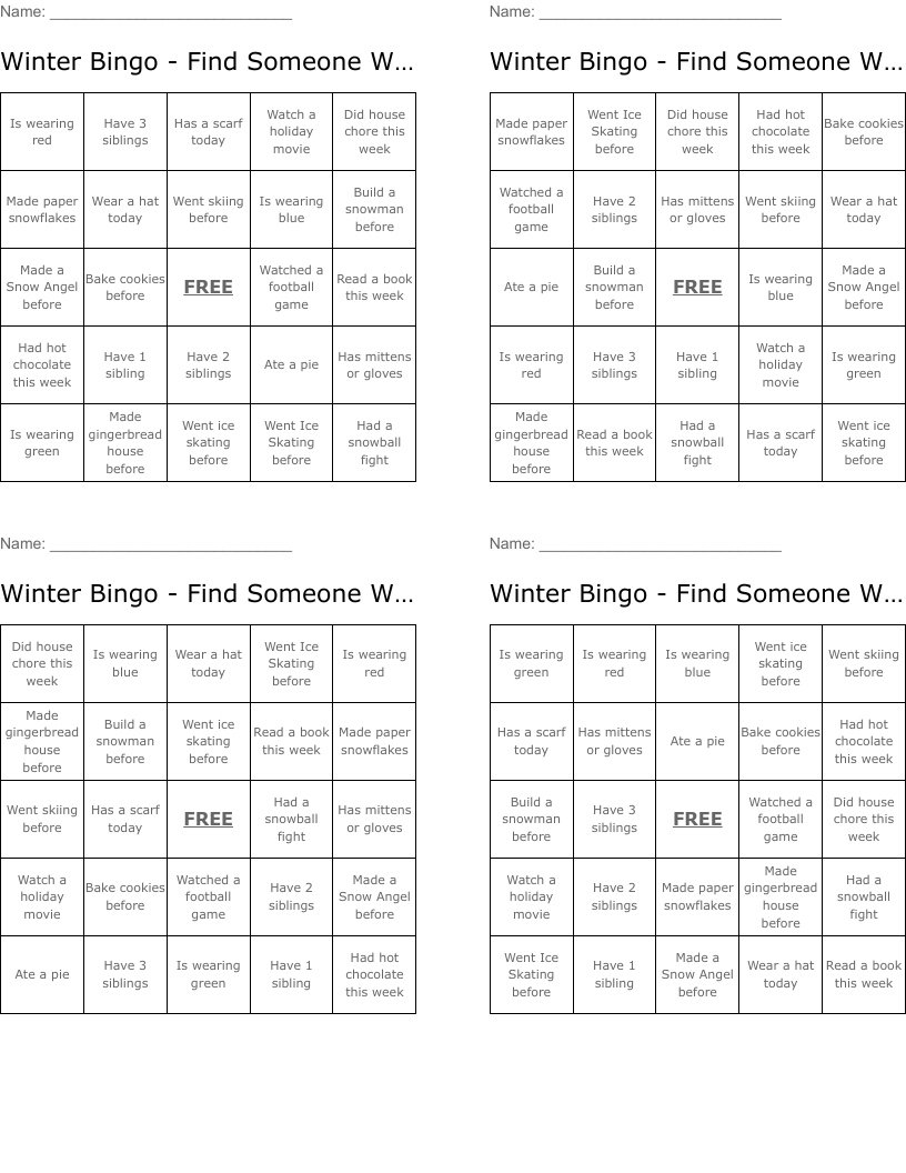 Winter Bingo - Find Someone Who... - WordMint