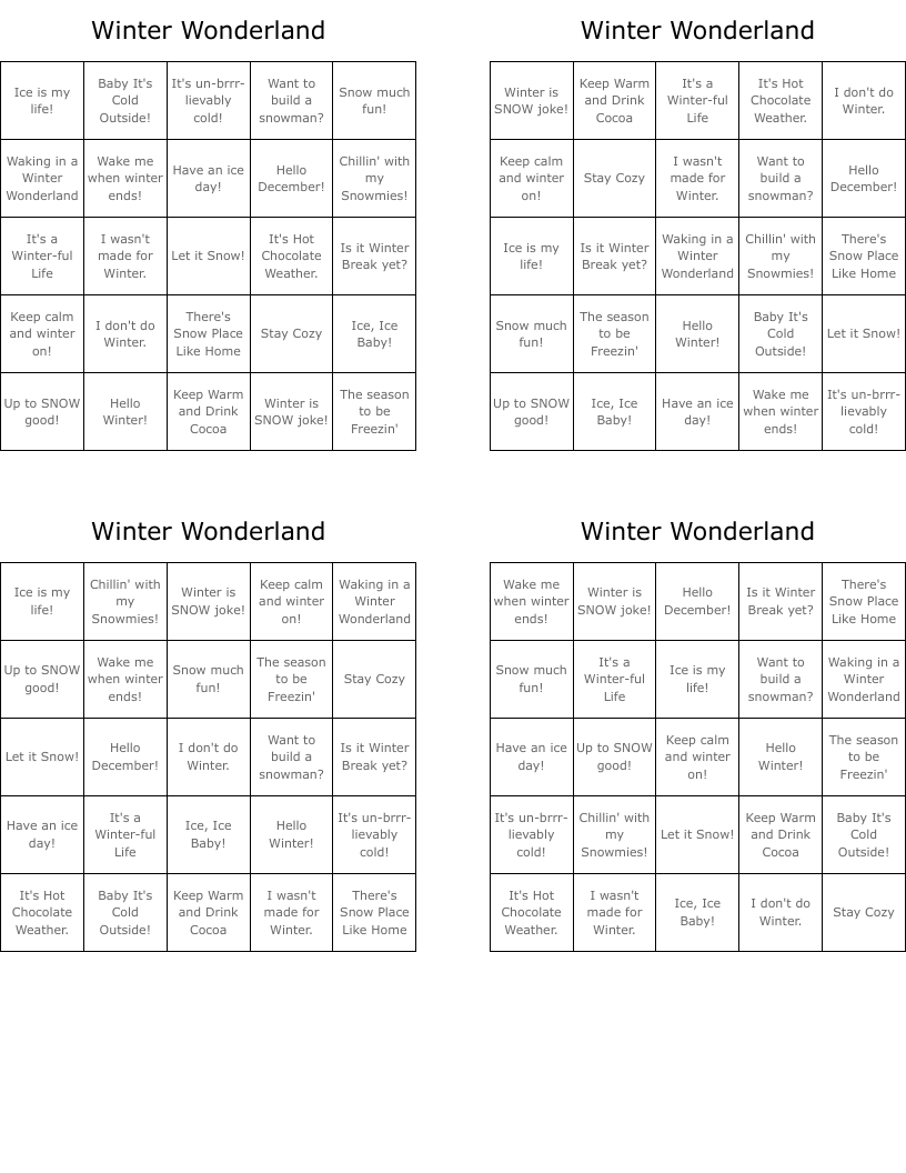 Winter Wonderland Bingo Cards - WordMint