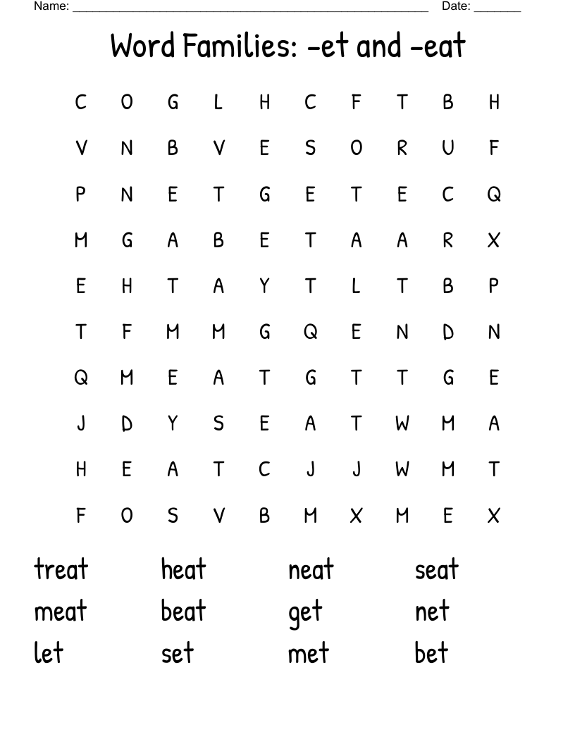 Word Families et And eat Word Search WordMint