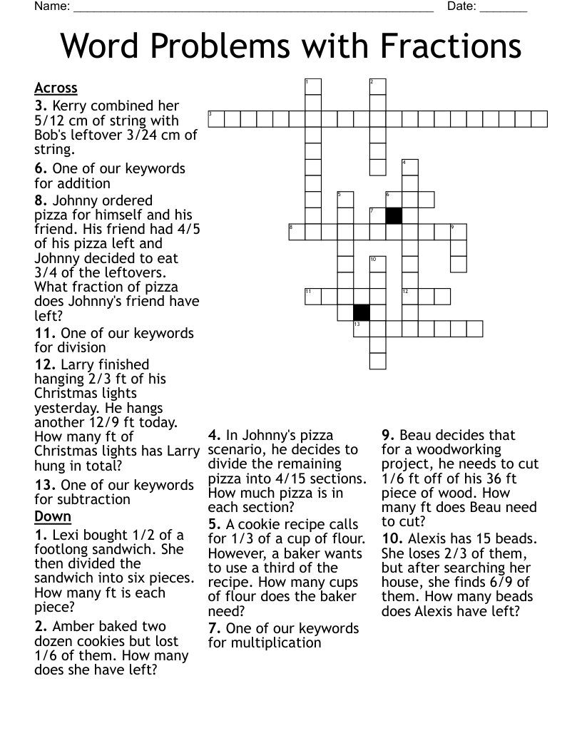 Word Problems With Fractions Crossword WordMint