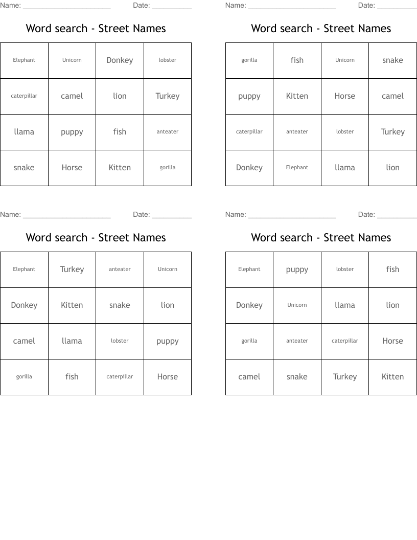 Word search - Street Names Bingo Cards - WordMint