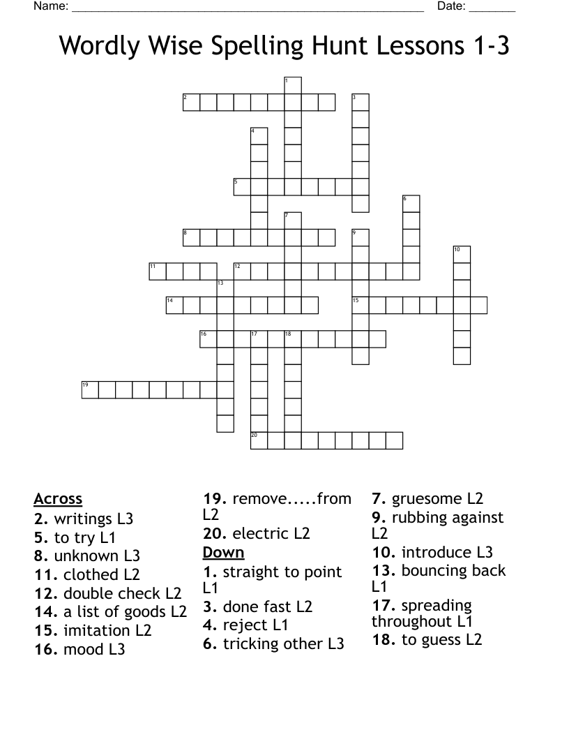 Wordly Wise Spelling Hunt Lessons 1-3 Crossword - WordMint