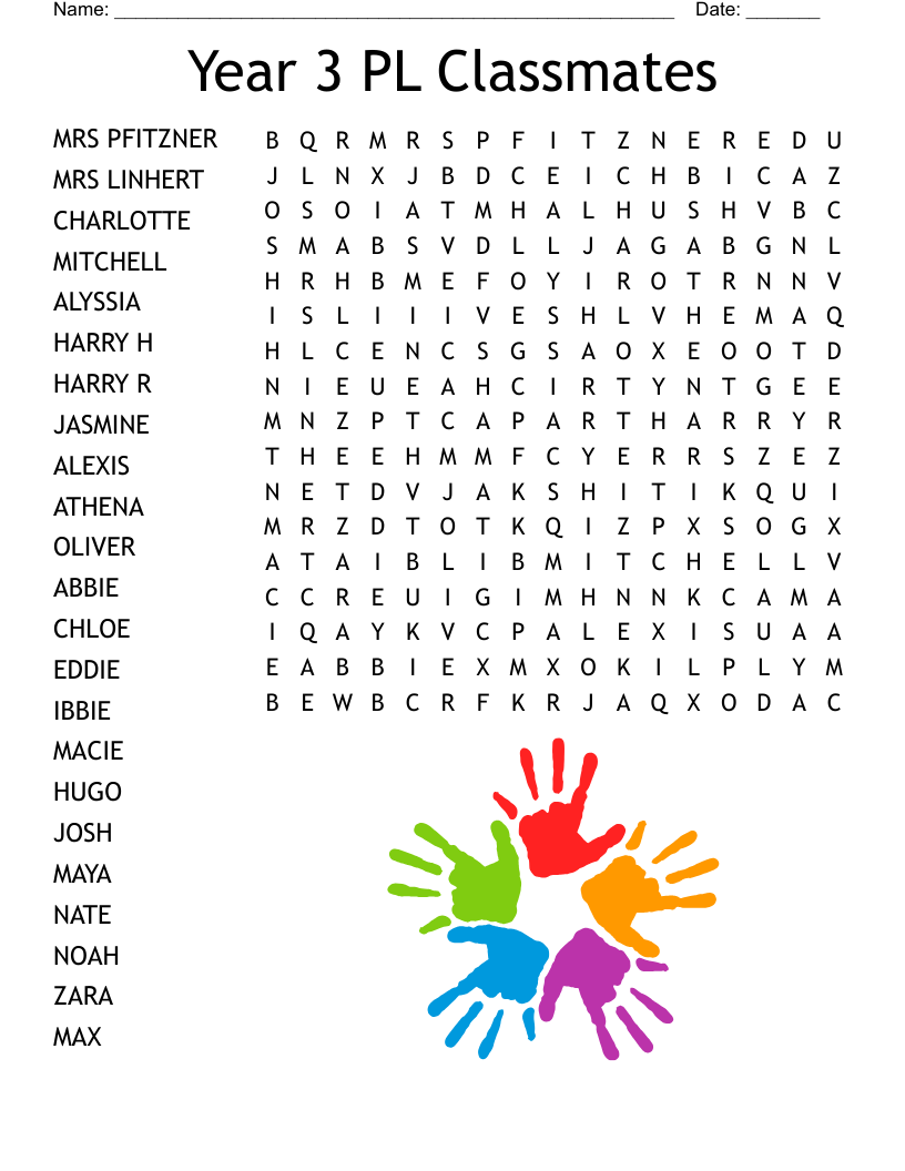 Year 3 PL Classmates Word Search - WordMint