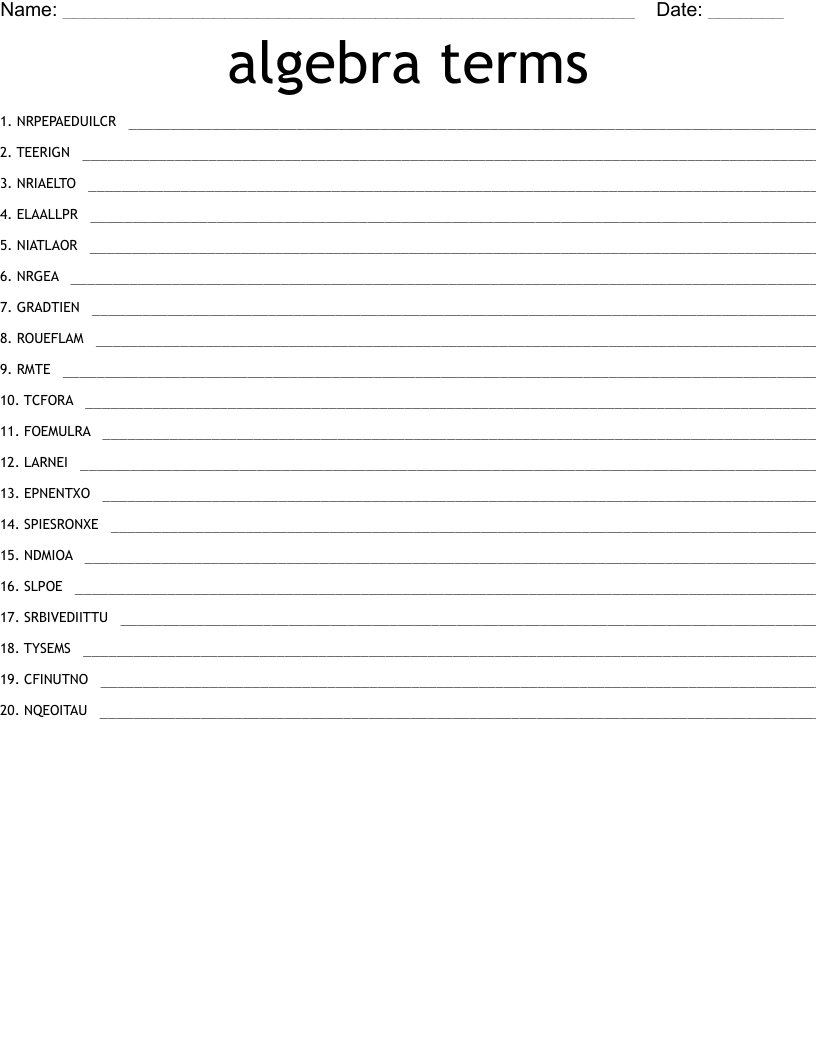 algebra terms Word Scramble - WordMint