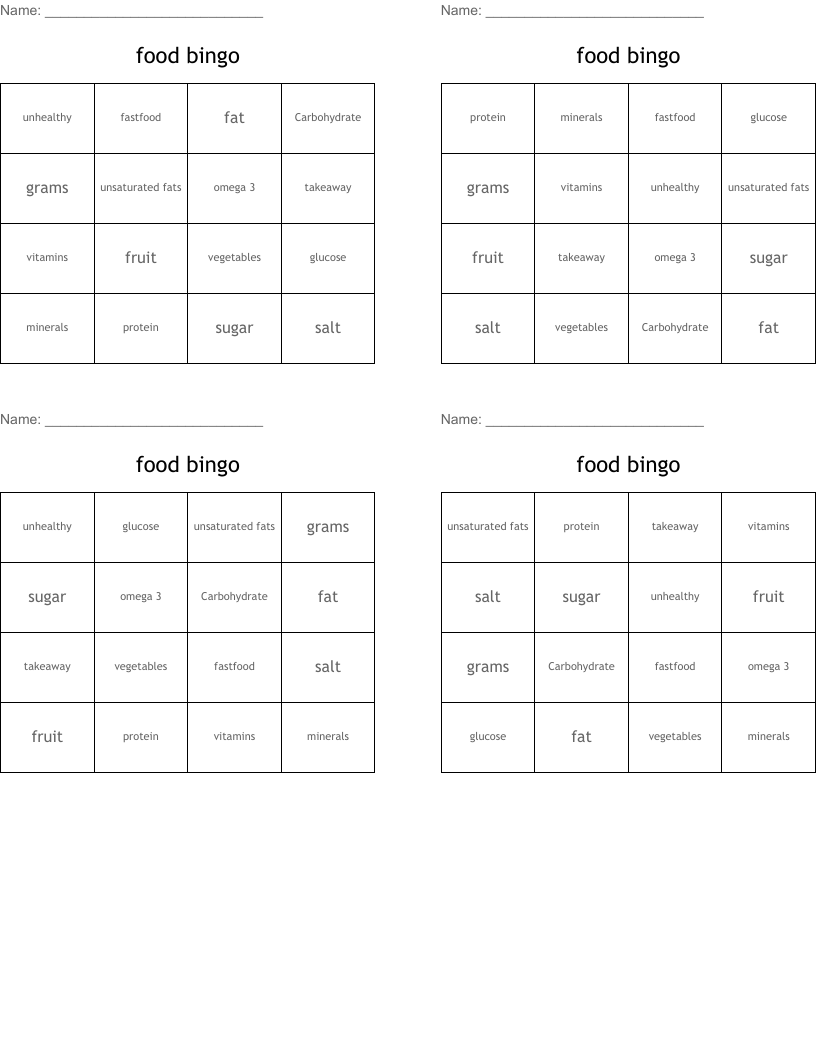 food bingo - WordMint