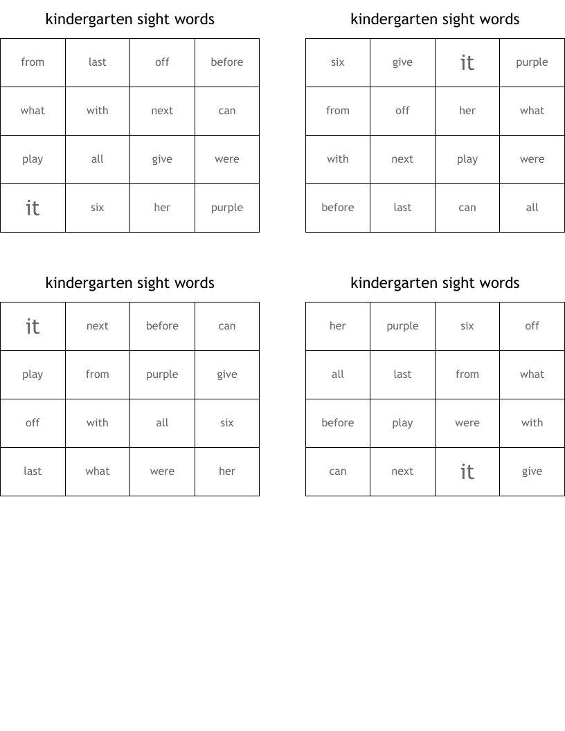 kindergarten sight words Bingo Cards - WordMint