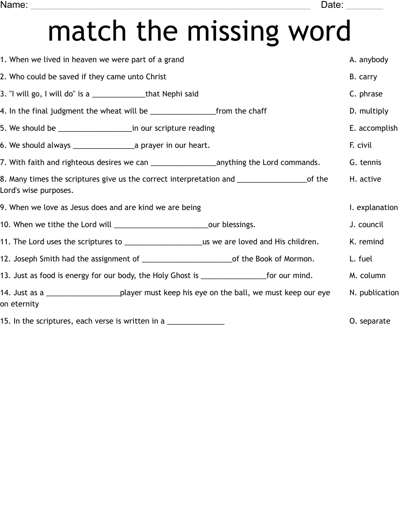 match the missing word Worksheet - WordMint