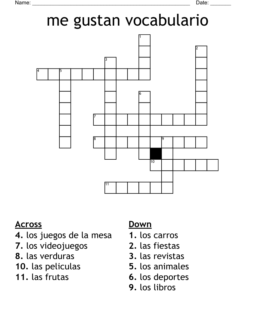 me gustan vocabulario Crossword - WordMint