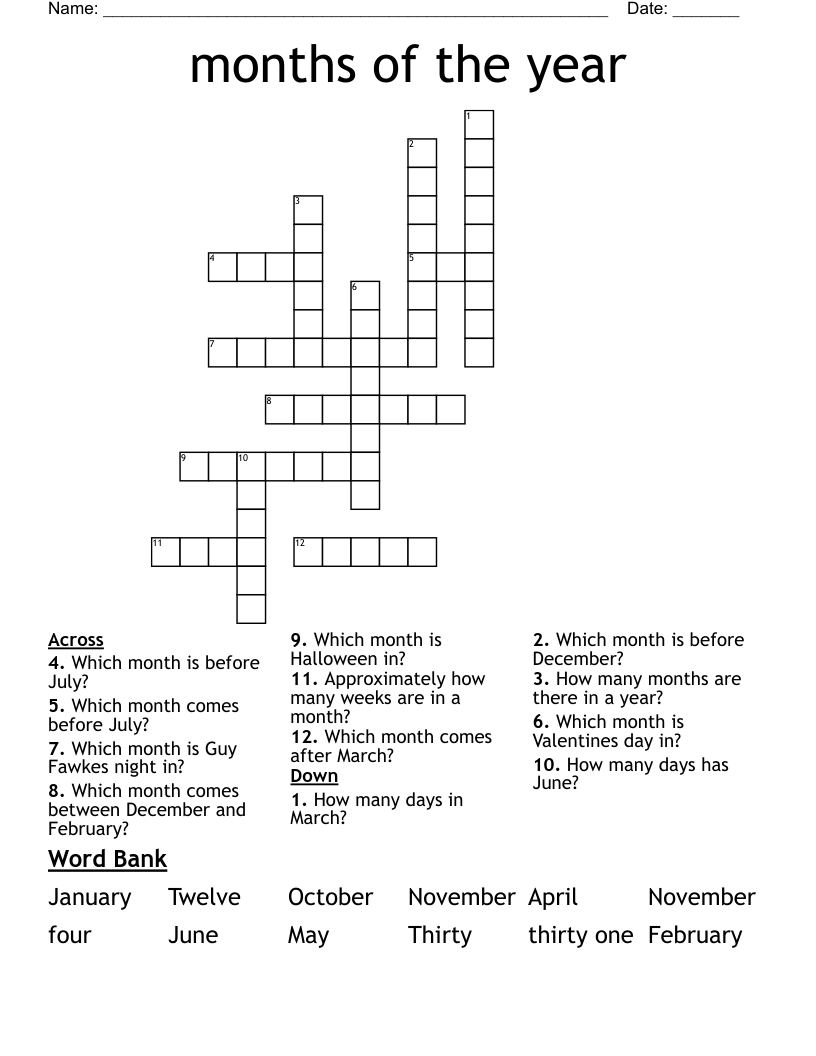 months of the year Crossword - WordMint