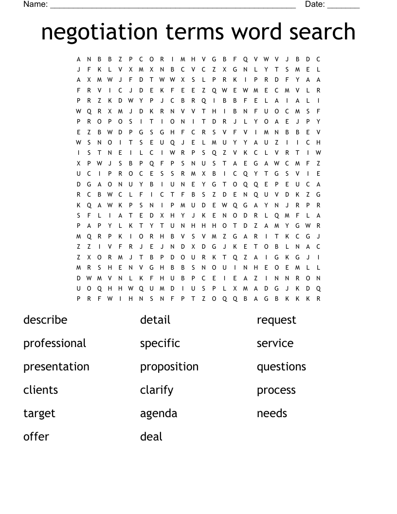 negotiation terms word search - WordMint