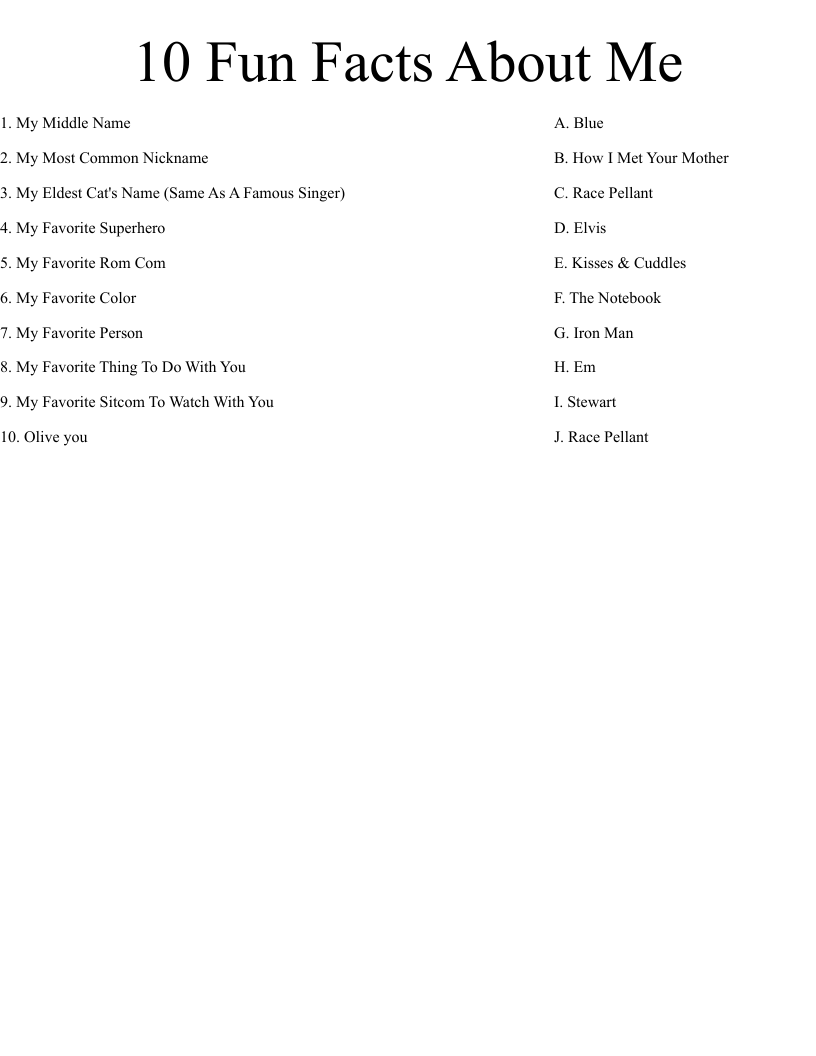 10 Fun Facts About Me Worksheet WordMint